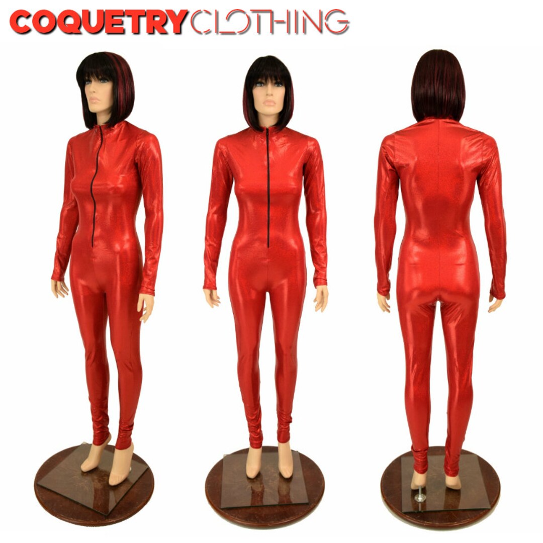 Red Sparkly Jewel Catsuit With Long Sleeves and Stella Front Zippered ...