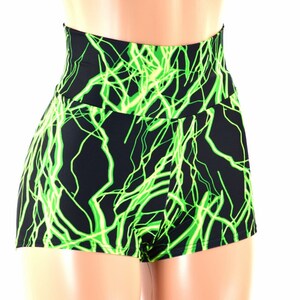 NEON UV Glow Green Lightning Print High Waist Shorts - Etsy