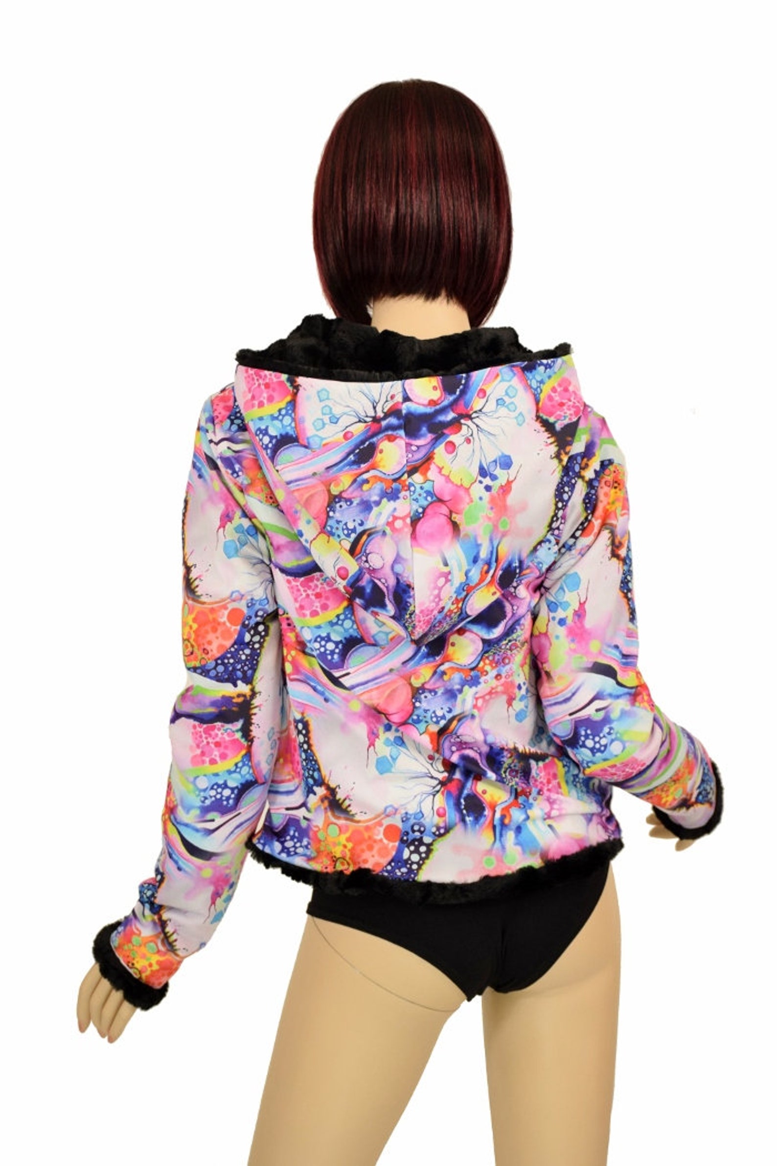 Zipper Front Black Minky Faux Fur Short Jacket With Dreamscape - Etsy