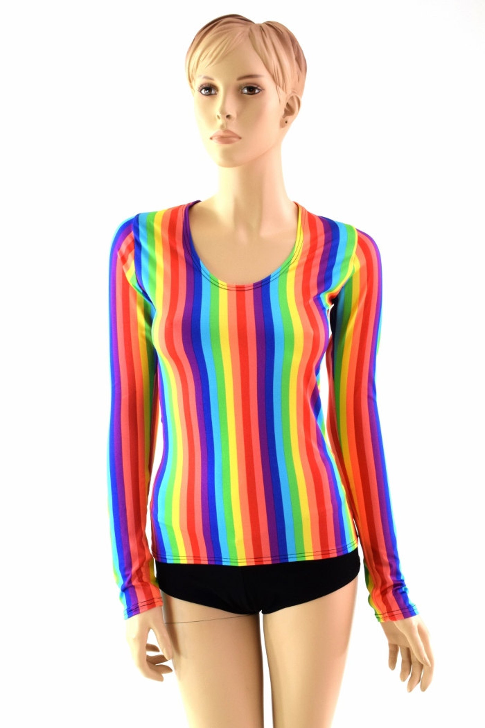 Bright Rainbow Stripe Long Sleeve Scoop Neck Full Length Spandex Top ...