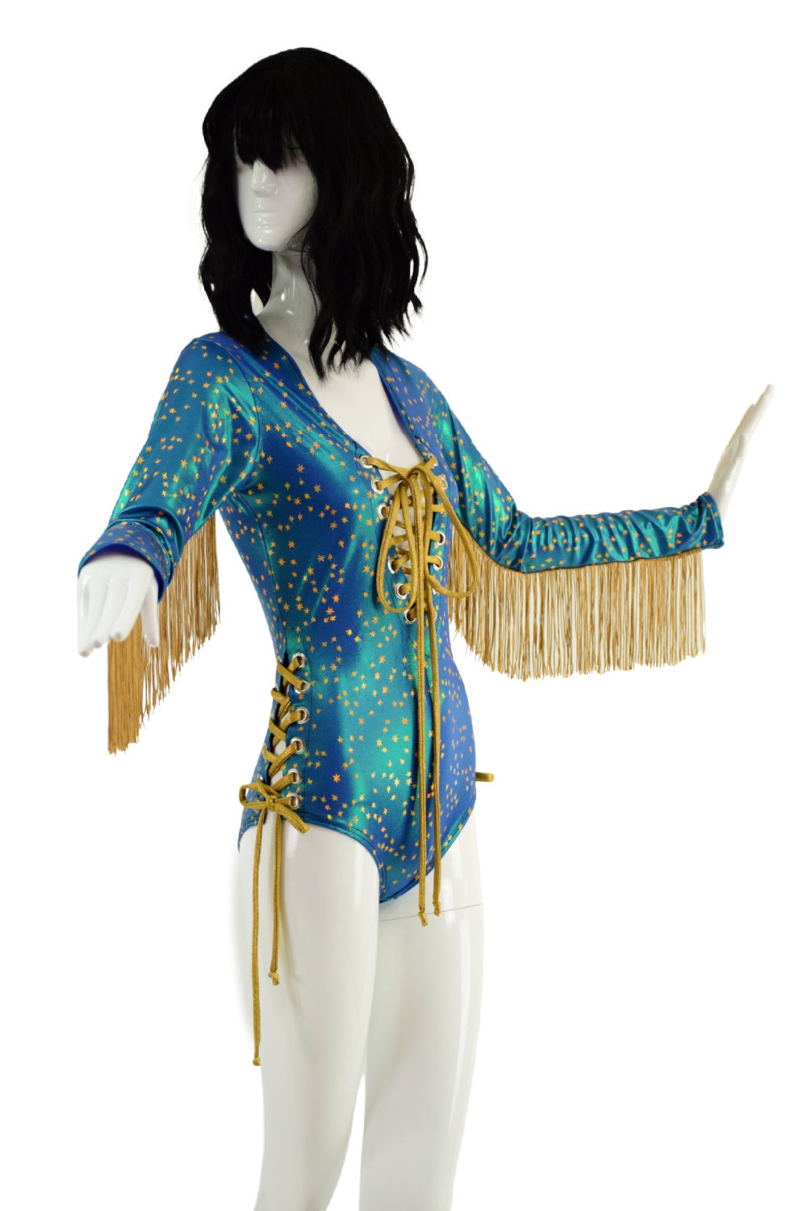 Stardust Long Sleeve Plunging V Neck Siren Romper With Gold SJ | Etsy