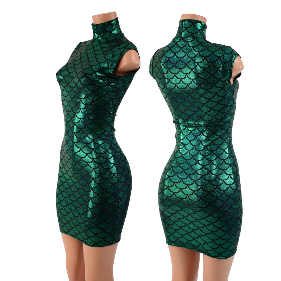 Green Dragon Scale "celia" Bodycon Dress With Turtle Neck and Mini Cap ...