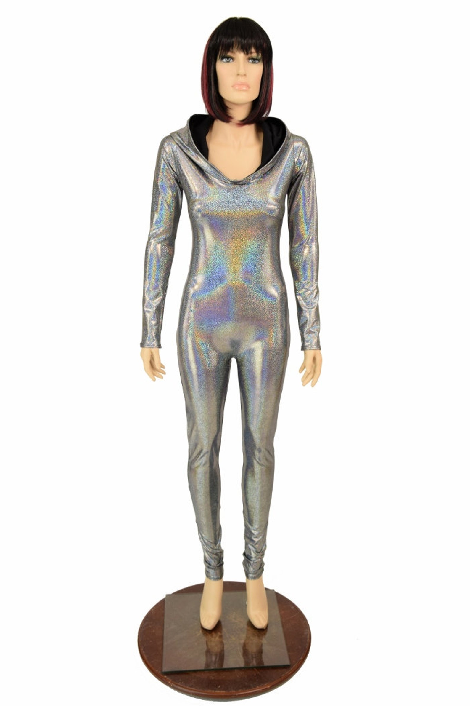 Silver Holographic Sparkly Long Sleeve Catsuit W/black Zen Lined Hood ...
