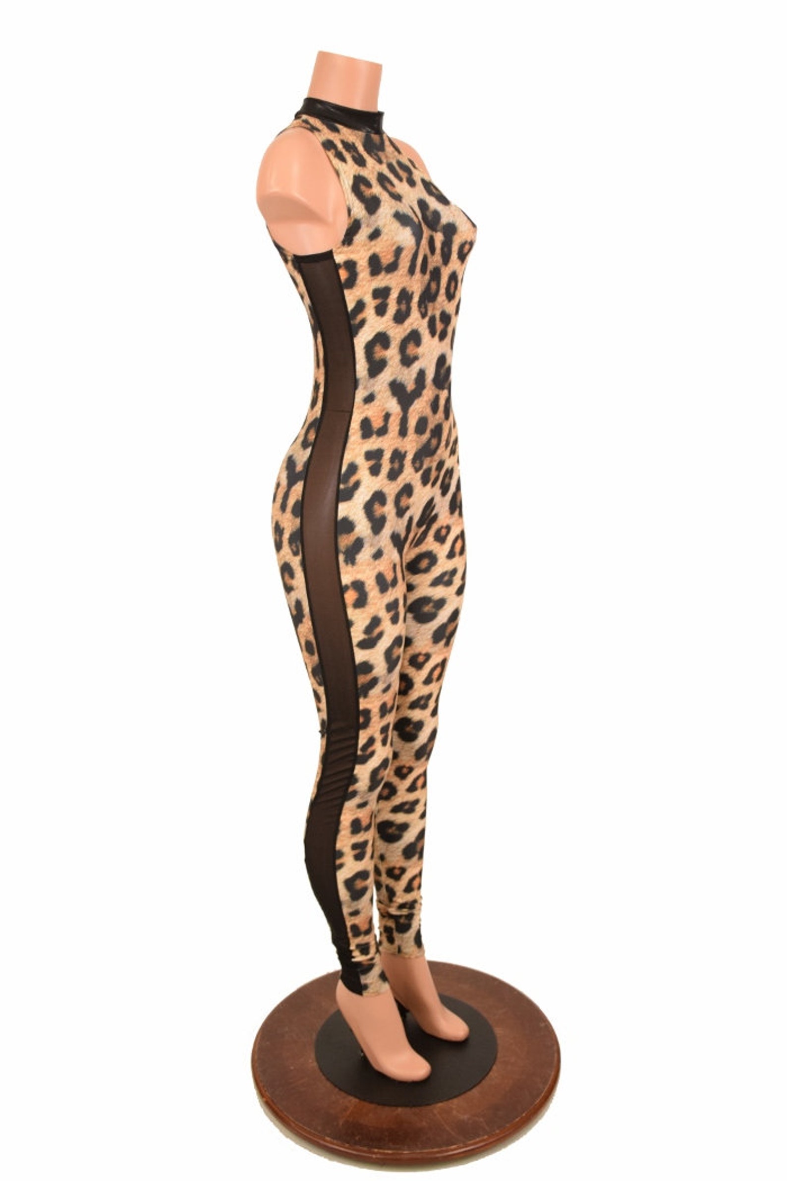 Leopard Print Zipper Back Catsuit With Black Mesh Side Panels and Black ...