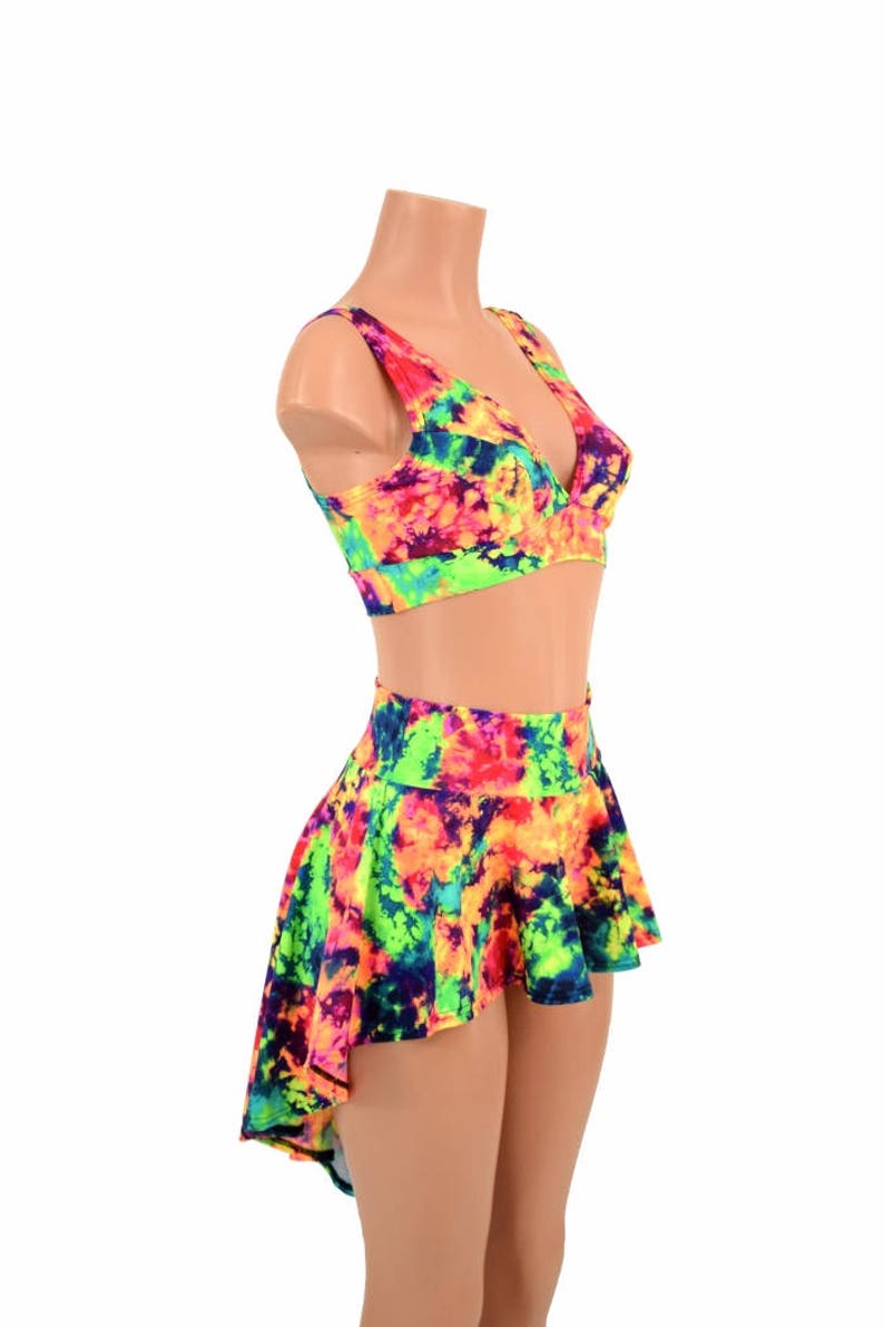 3PC Rave Outfit UV GLOW Acid Splash Starlette Bralette, Hi Lo Skirt ...
