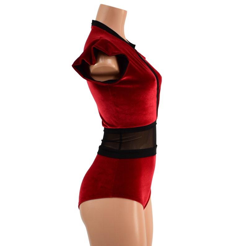 Red Velvet Siren Romper With Keyhole Neckline and Mesh Waist Panel ...