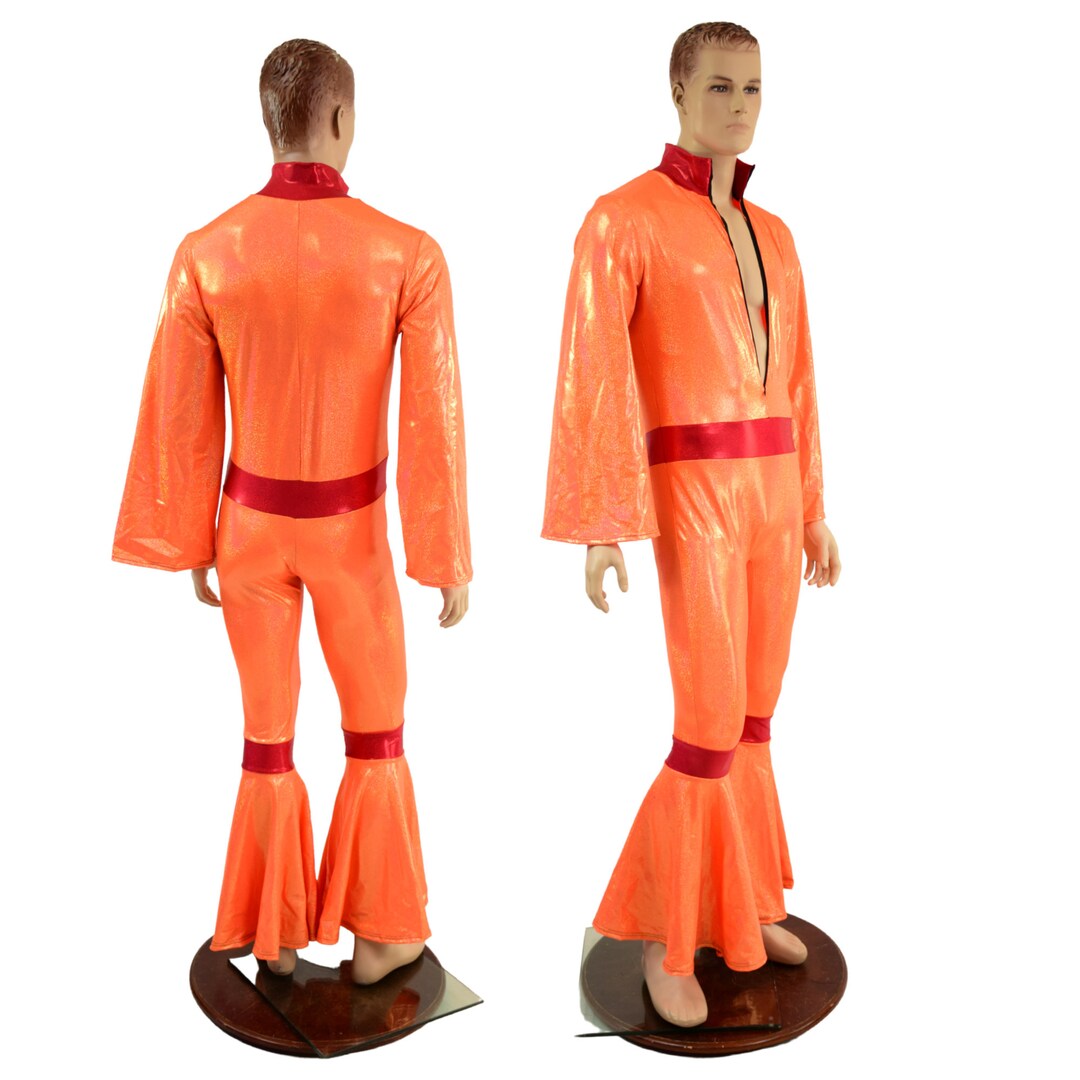Orange Holographic Rocket Man Catsuit With Bell Sleeves, Bell Bottoms ...