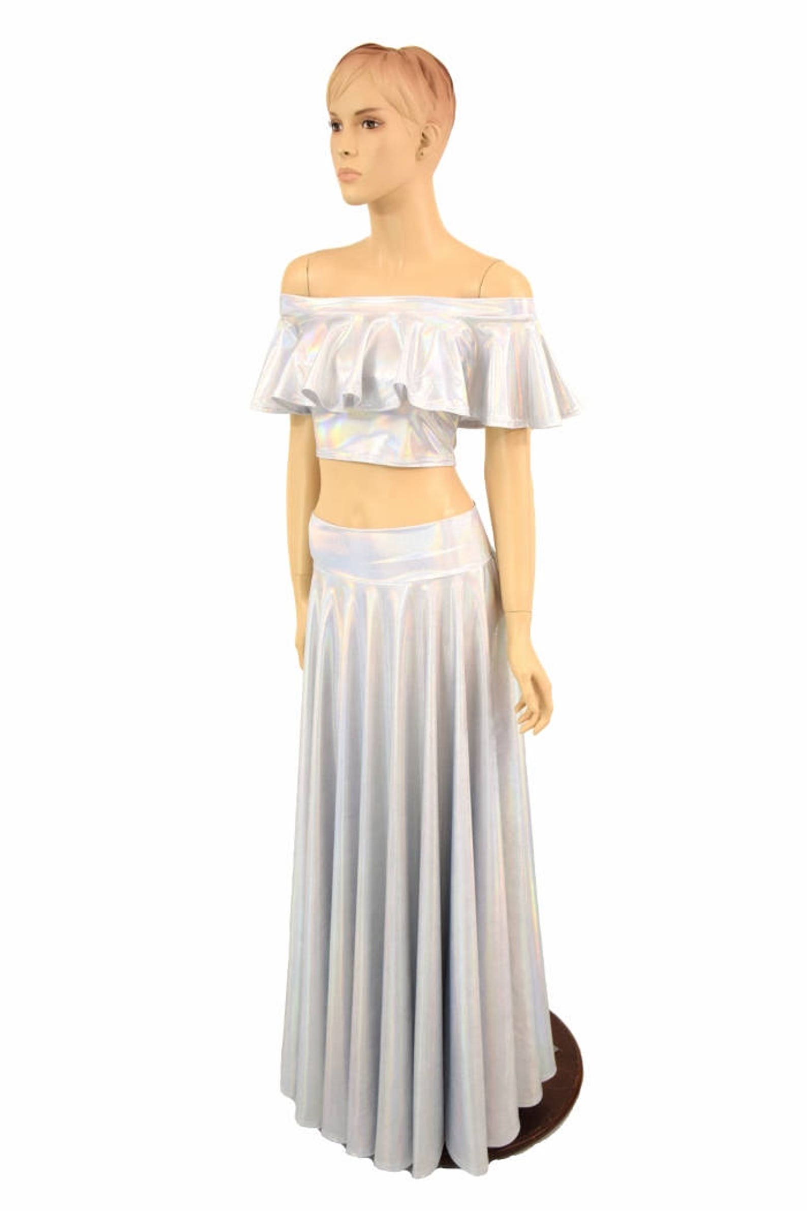 2PC Flashbulb Holographic off Shoulder Crop Top With Long Maxi - Etsy