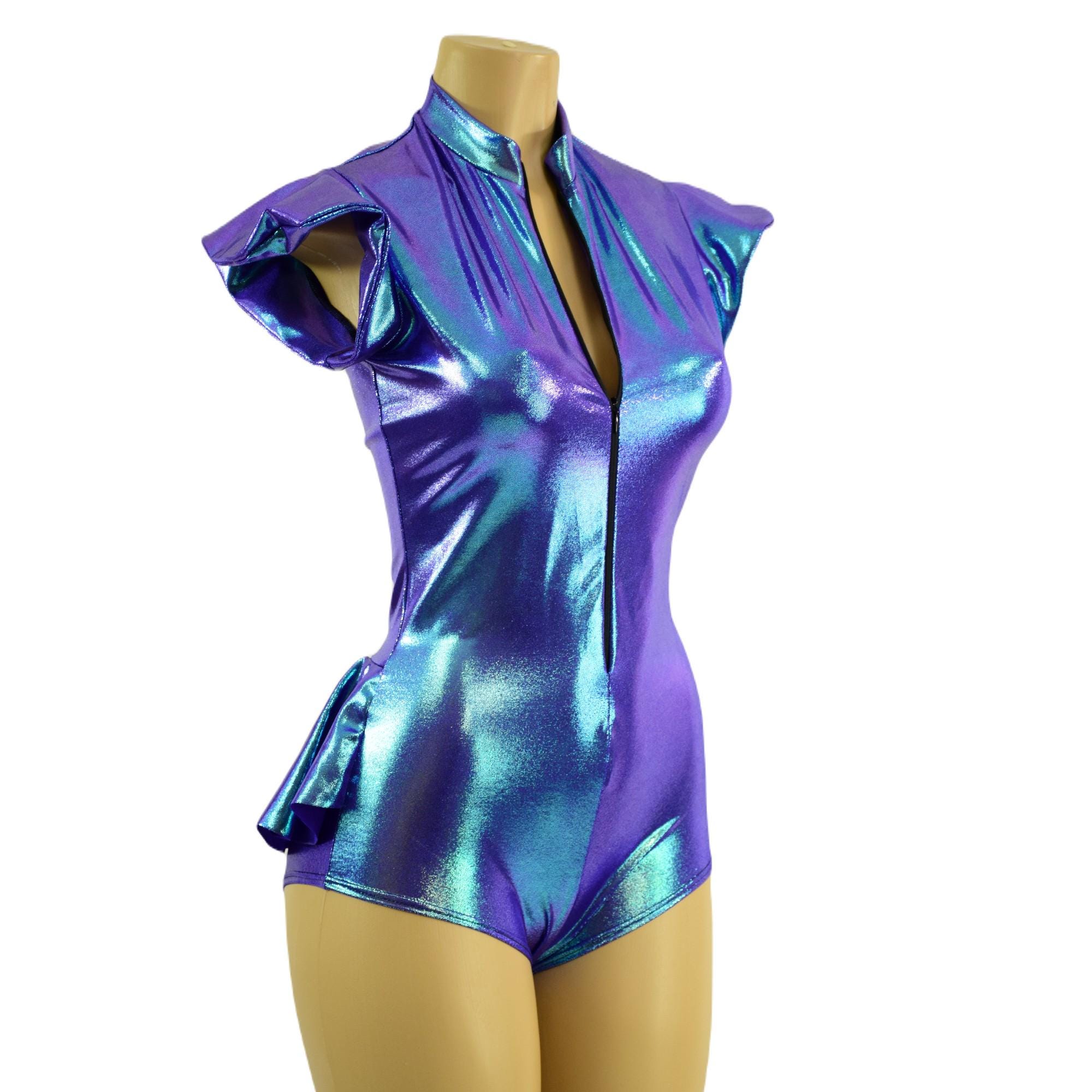 Moonstone Holographic Zipper Front Ruffle Rump "stella" Short Collar ...