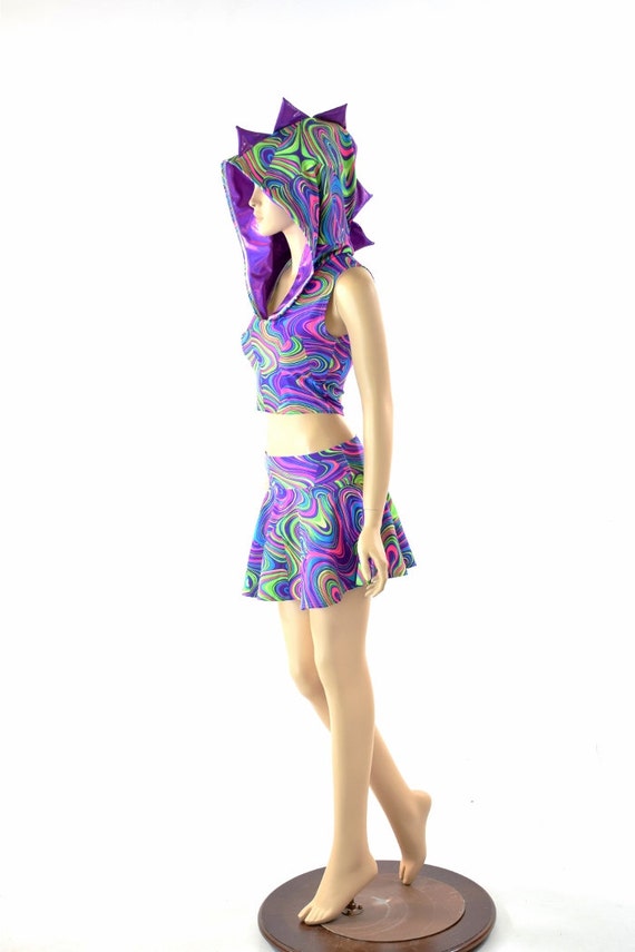 Sleeveless Neon Glow Worm Dragon Spiked Crop Hoodie & Mini - Etsy