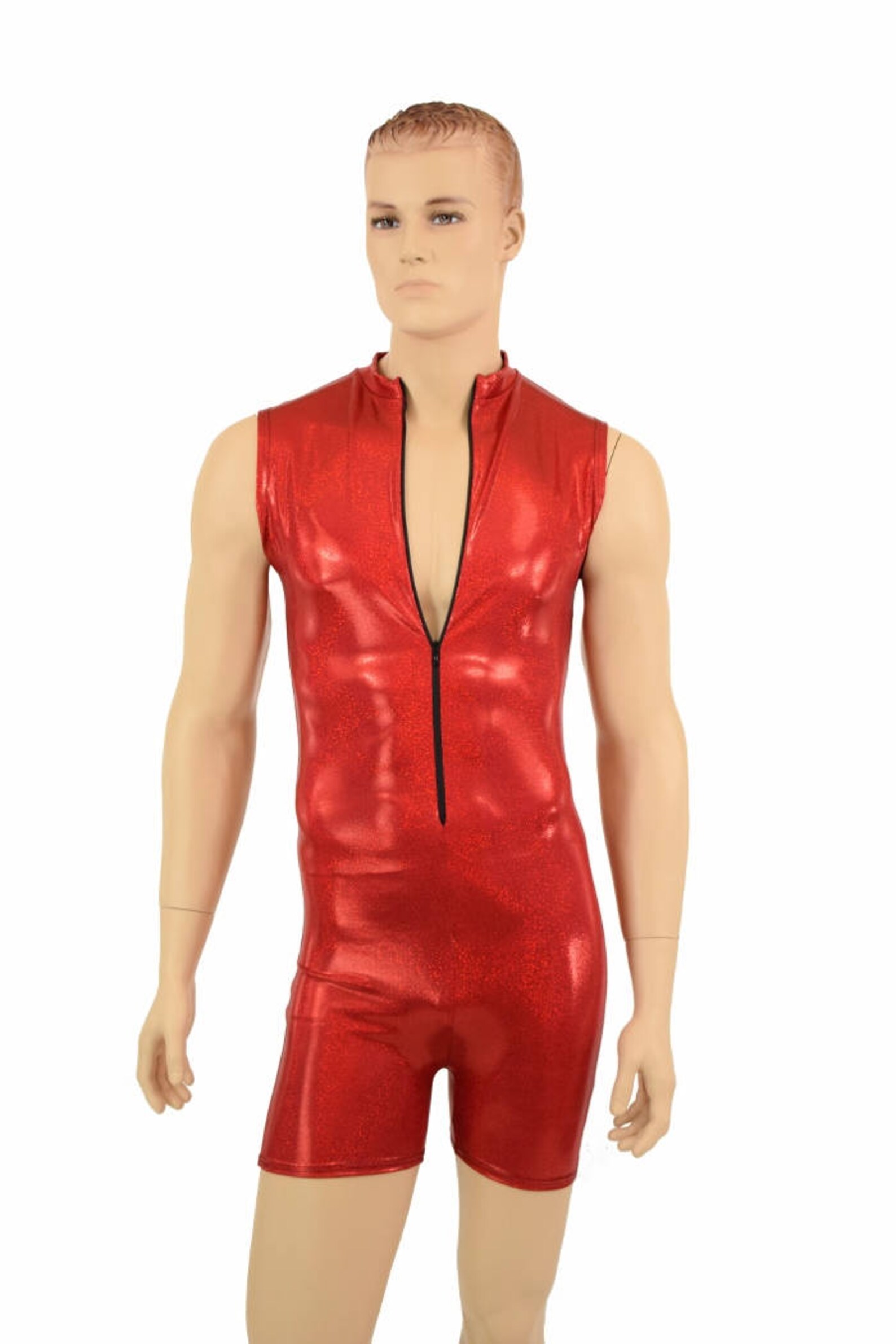 Mens "stanley" Red Sparkly Jewel Zipper Front Sleeveless Romper- - Etsy