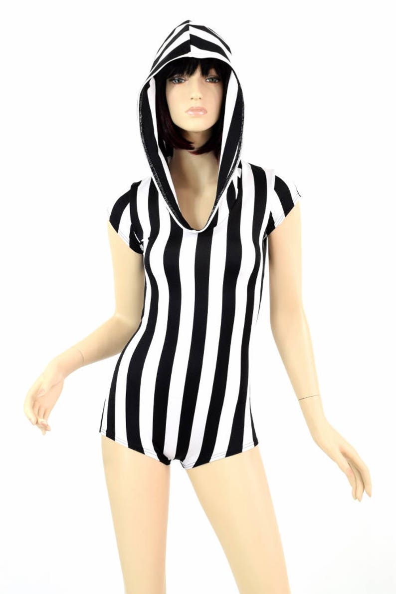 Black & White Stripe Referee Print Cap Sleeve Bodysuit Hoodie | Etsy