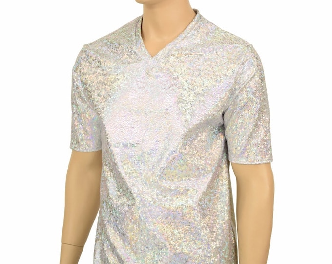 Mens Silver on White Shattered Glass Holographic V Neck Top - Etsy