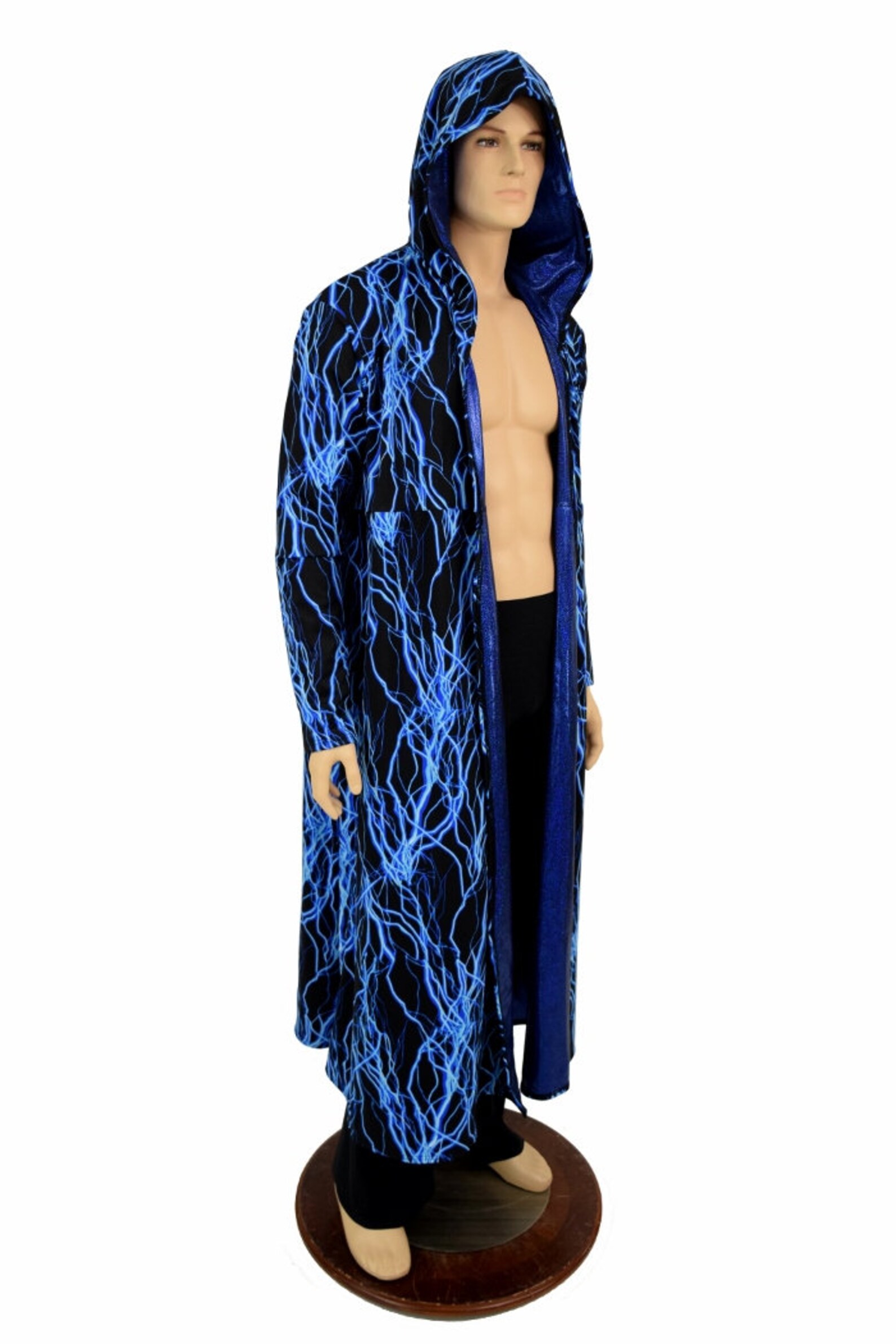 Reversible 4 Pocket Long Sleeve Hooded Duster UV Glow Blue Lightning ...