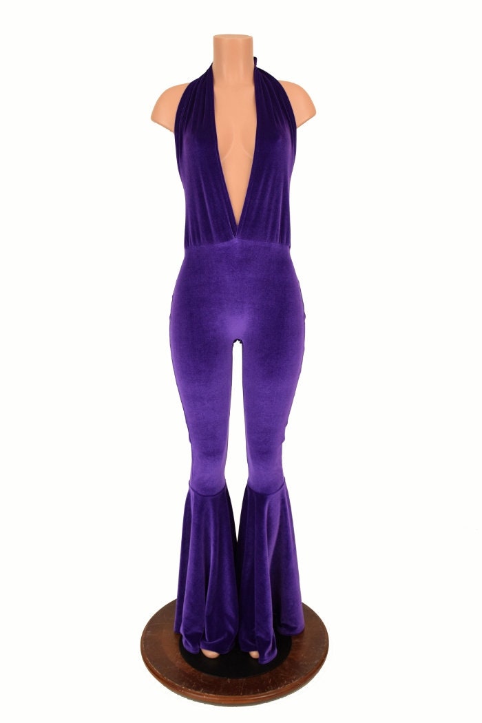 Purple Velvet "josie" Halter Catsuit With Bell Bottom Flares - - Etsy