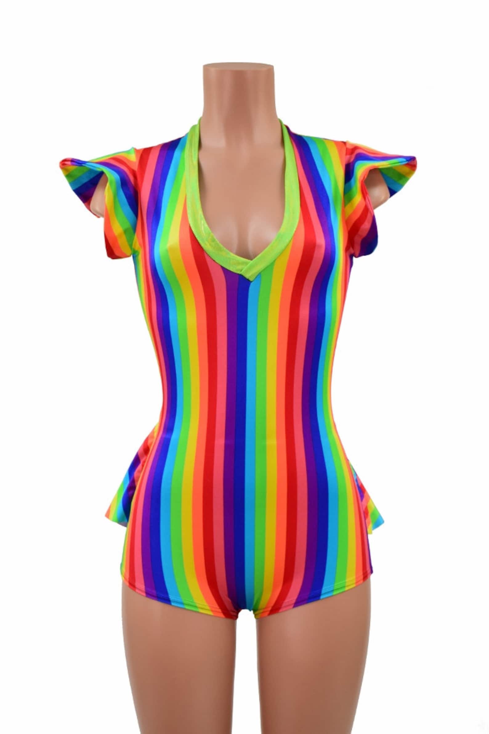 Vertical Stripe Rainbow Romper With Flip Sleeve Ruffle Rump - Etsy