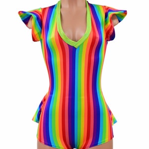 Vertical Stripe Rainbow Romper With Flip Sleeve, Ruffle Rump, Boy Cut ...
