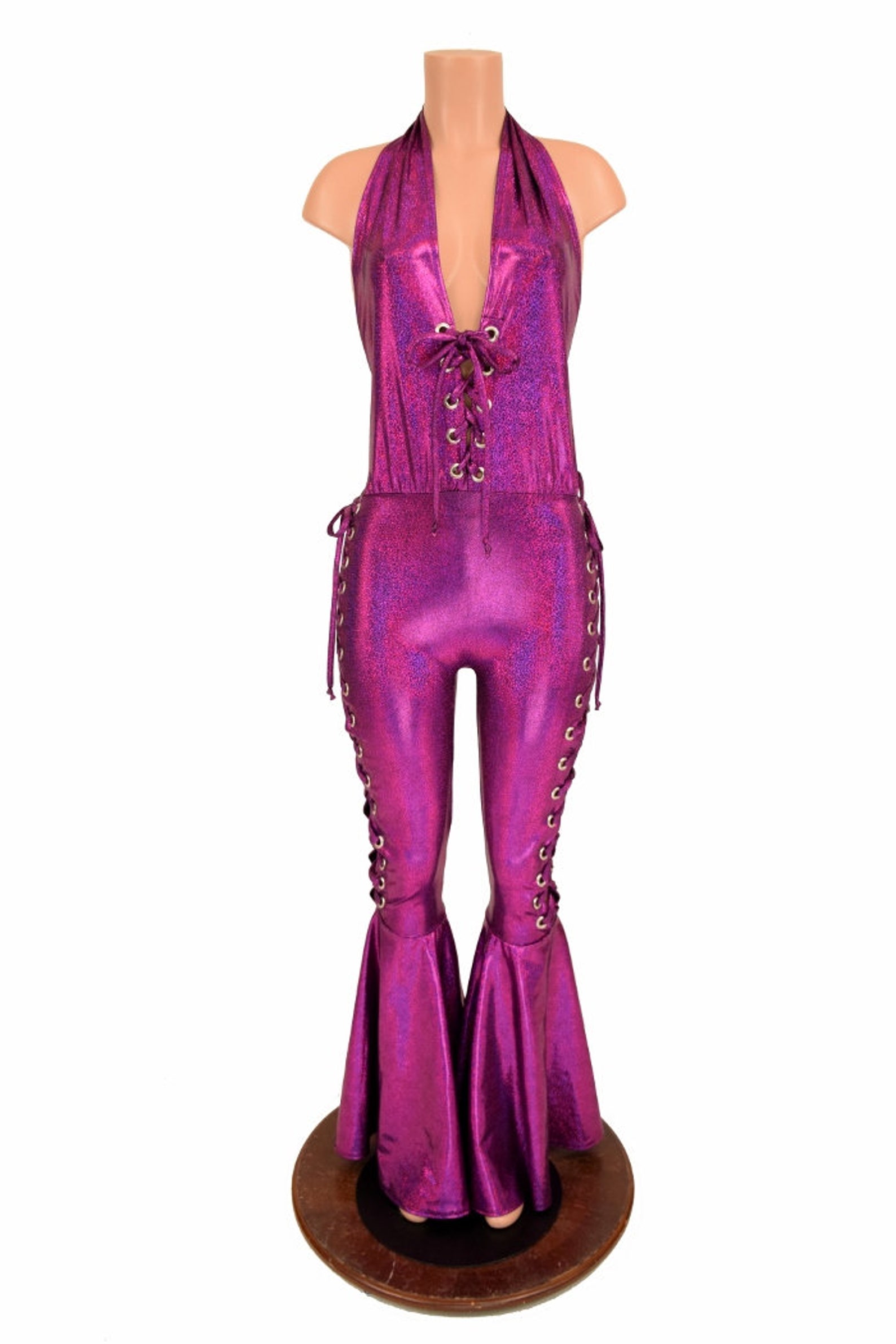 Fuchsia Sparkly Jewel "josie" Halter Catsuit W/ Bell Bottom Flares ...