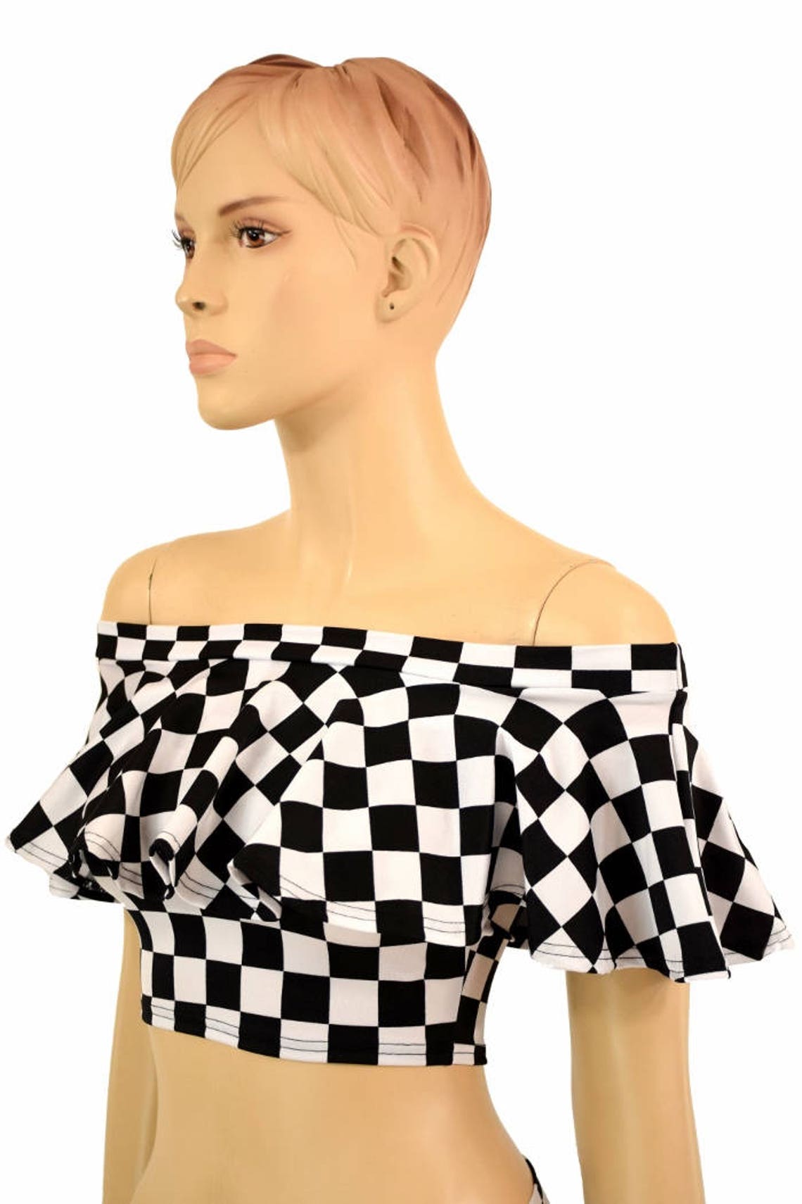 Black & White Checkered Print off Shoulder Crop Top 155125 | Etsy