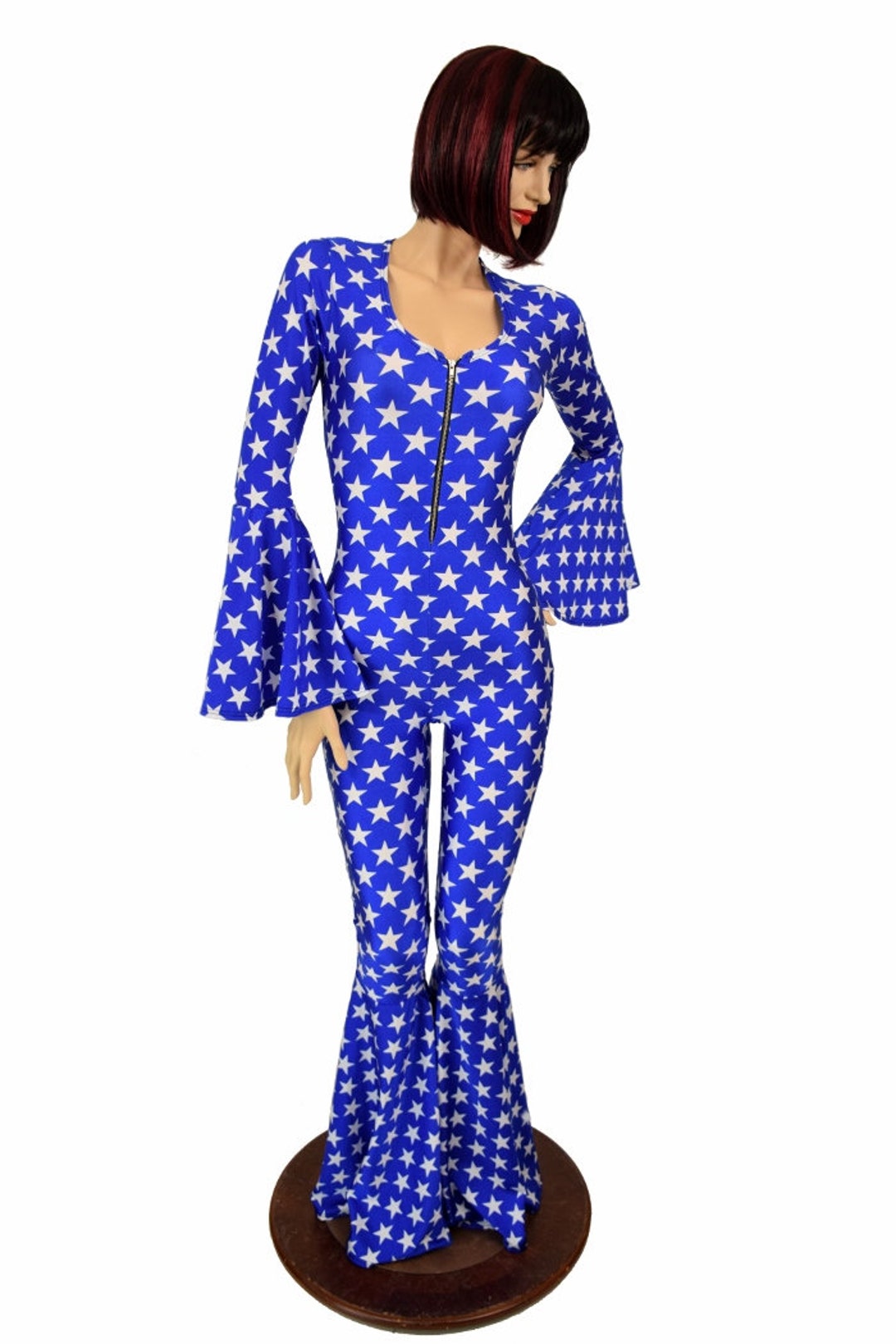 Blue & White Star Scoop Neck Front Zipper Catsuit With Trumpet Sleeves ...