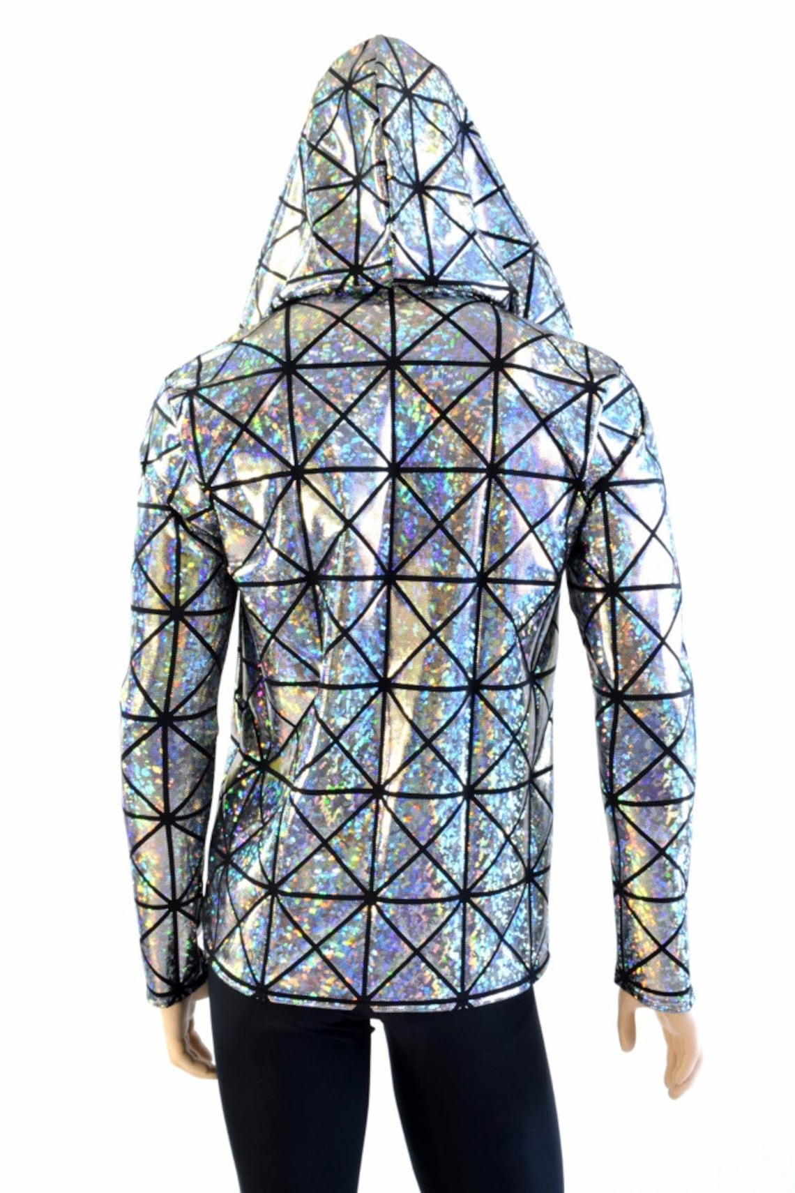 Mens Silver on Black Cracked Tile Holographic Long Sleeve Zipper Front ...