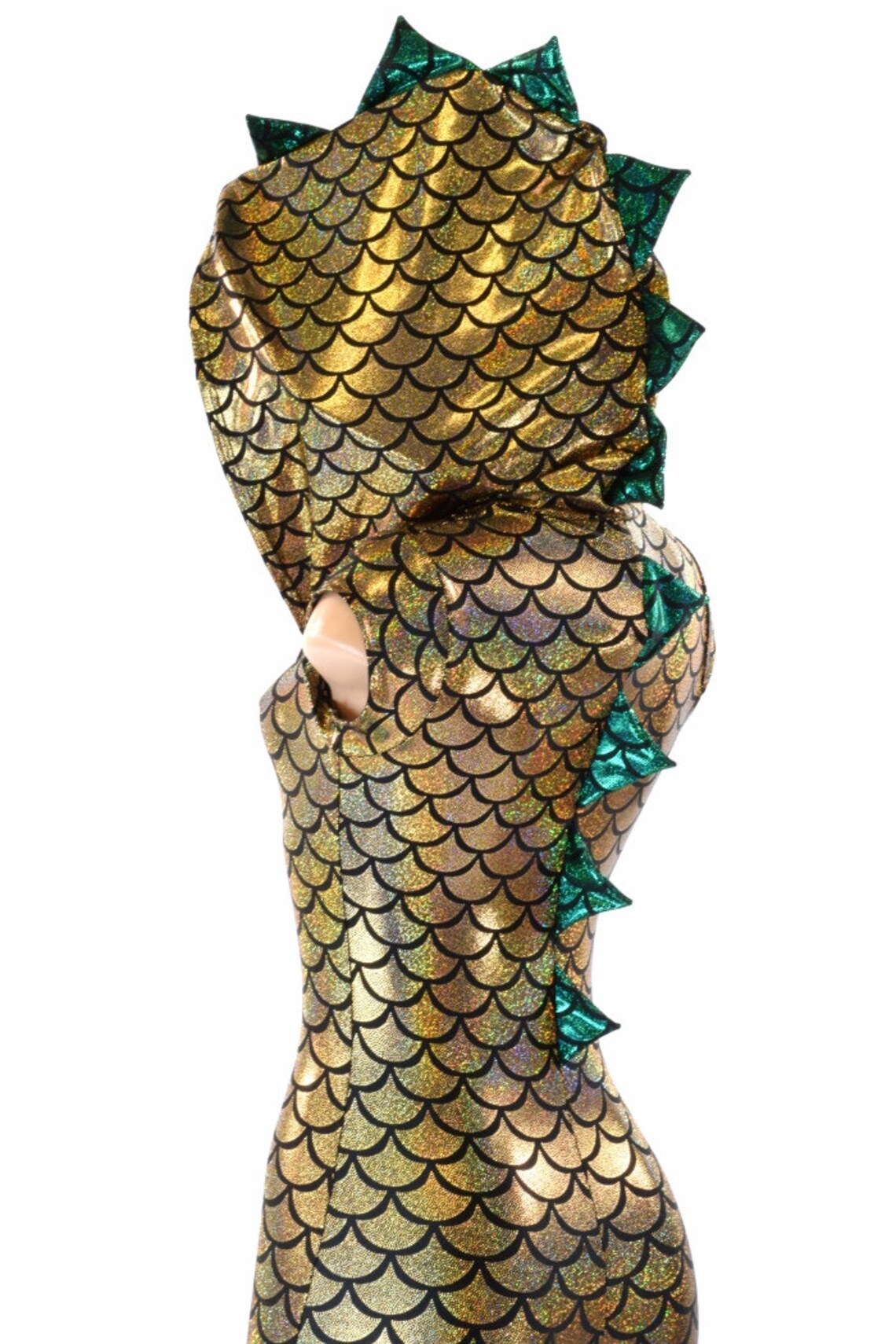 Gold Dragon Scale Zipper Front Cap Sleeve Hooded Catsuit With - Etsy