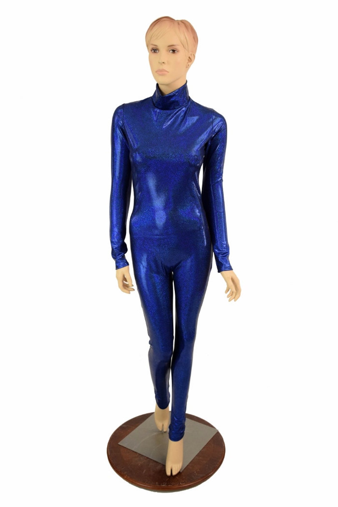 Blue Sparkly Jewel Holographic Turtle Neck Long Sleeve Back Zipper ...