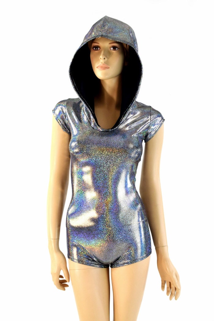 Dark Silver Holographic Metallic Cap Sleeve Hoodie Romper W/black Zen ...