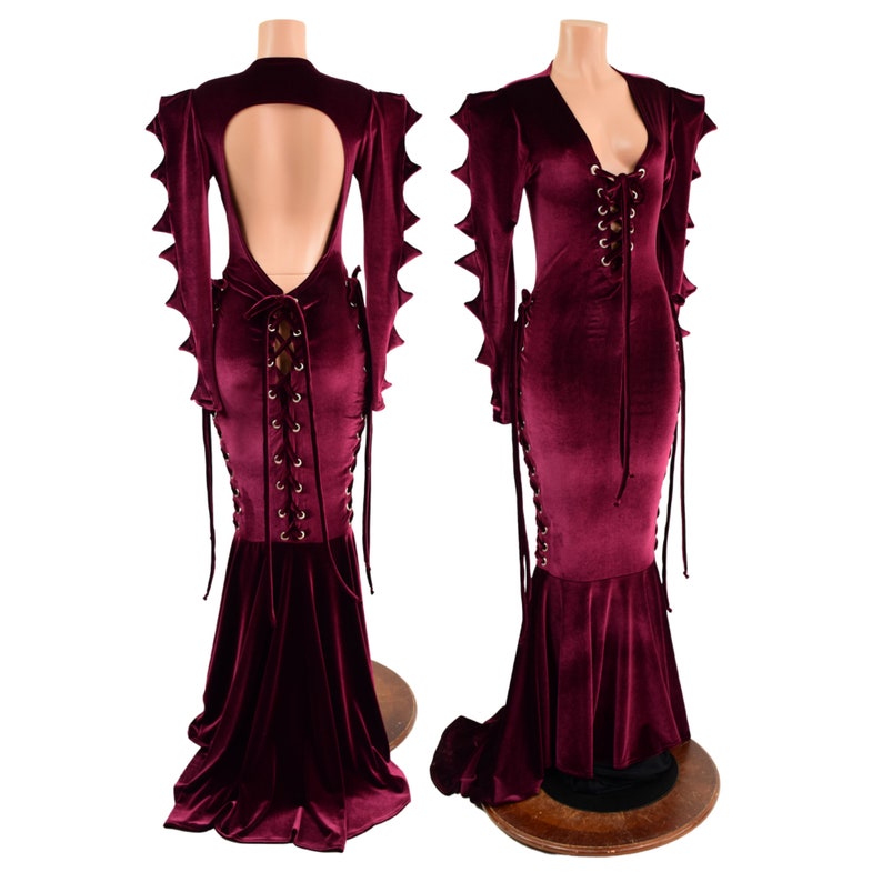Burgundy Velvet Laceup Gown With Sharp Shoulder Spiked Sleeves, Back ...