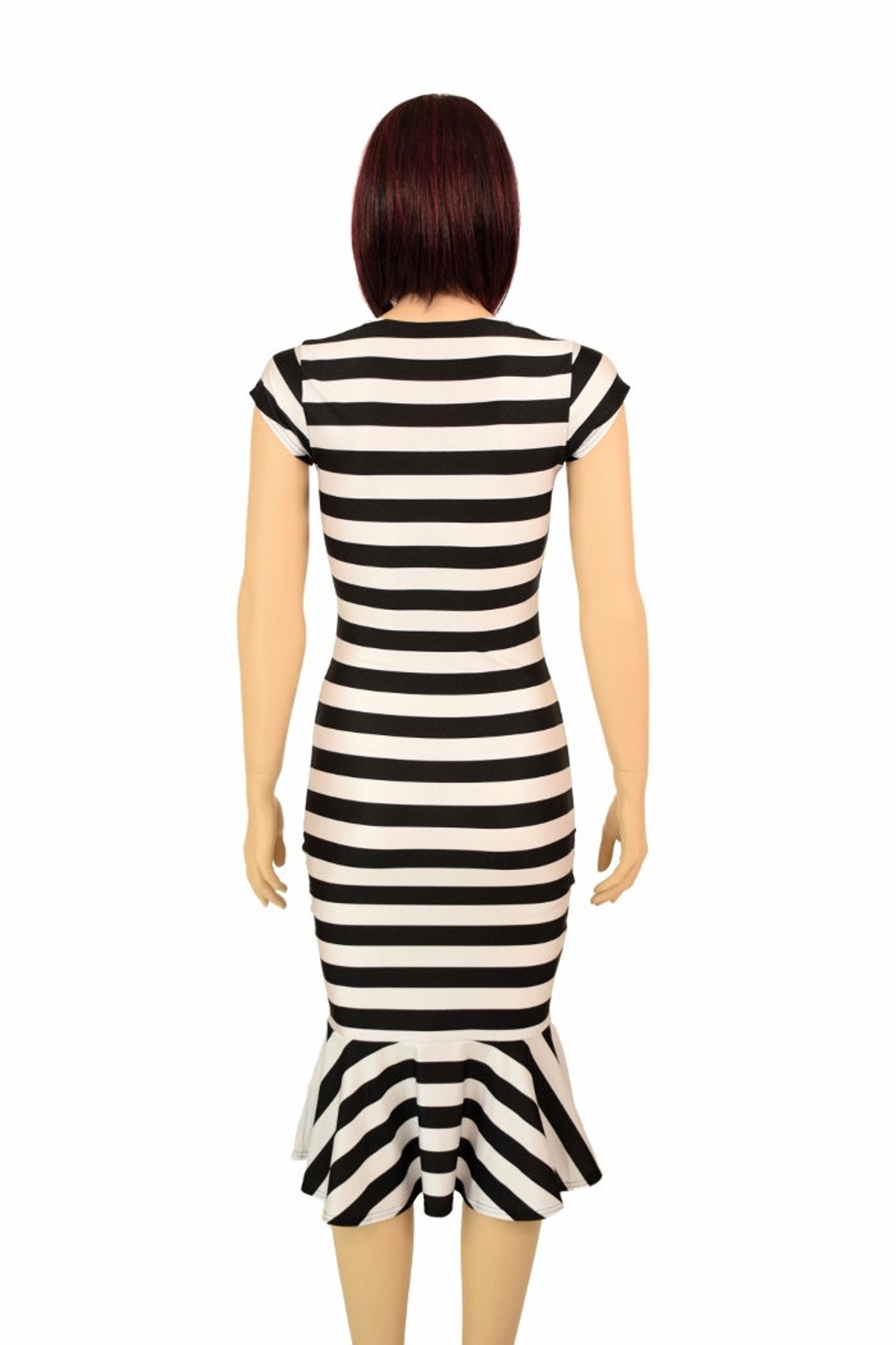 Black & White Horizontal Stripe UV GLOW Ruffled Cap Sleeve Wiggle Dress ...