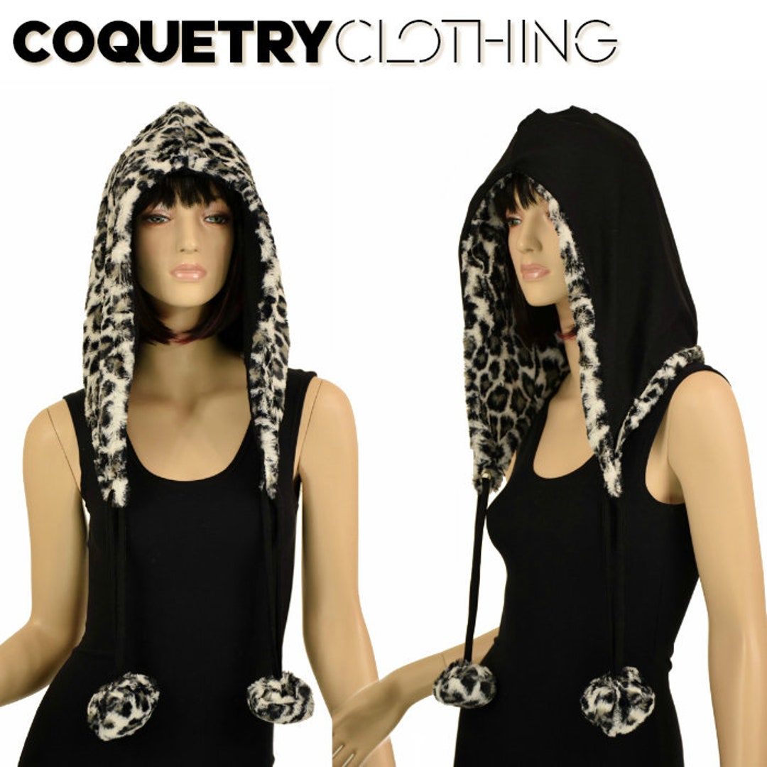 Snow Leopard Minky Faux Fur Pom Pom Hood With Black Velvet Liner ...