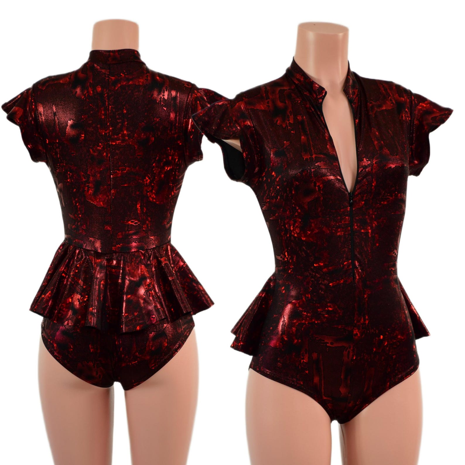 Primeval Red Holographic Zipper Front Ruffle Rump "stella" Short Collar ...