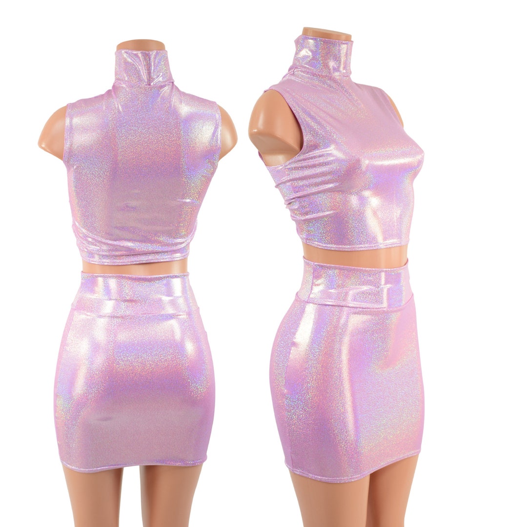Lilac Holographic Sleeveless Turtle Neck Crop Top & Bodycon Skirt Set ...