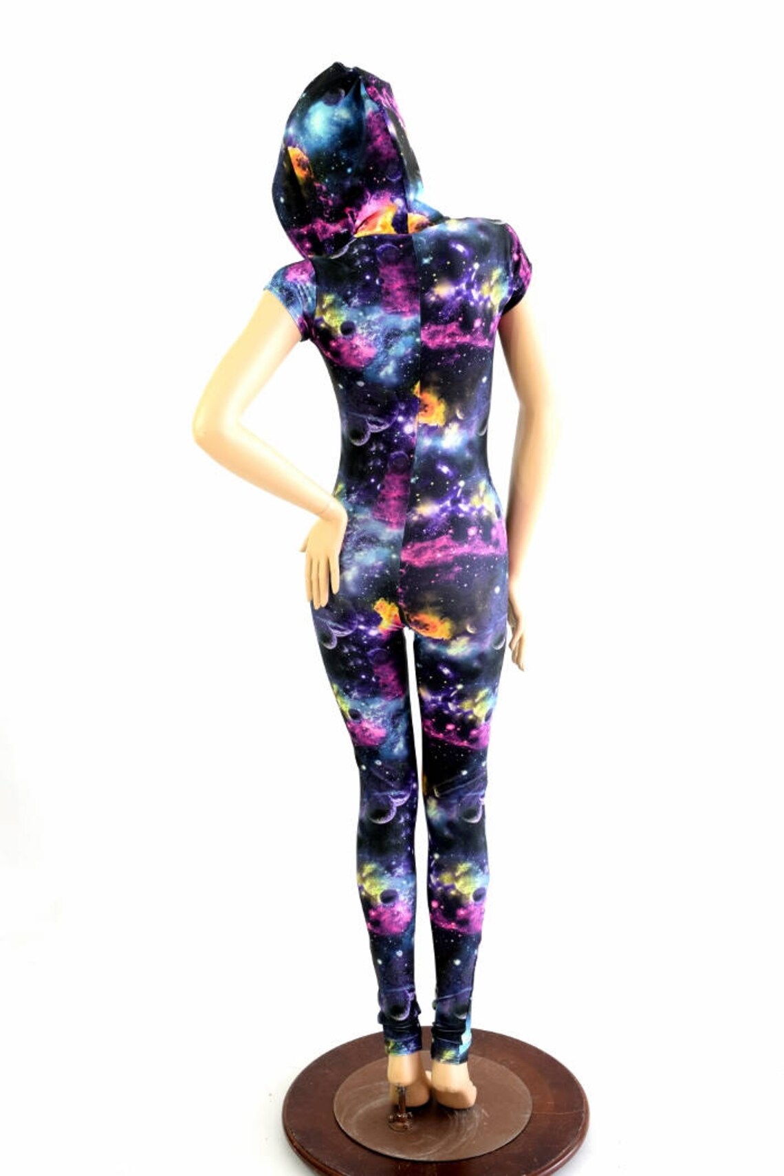 Cap Sleeve UV Glow Galaxy Print Hooded Bodysuit Catsuit W/black Zen ...