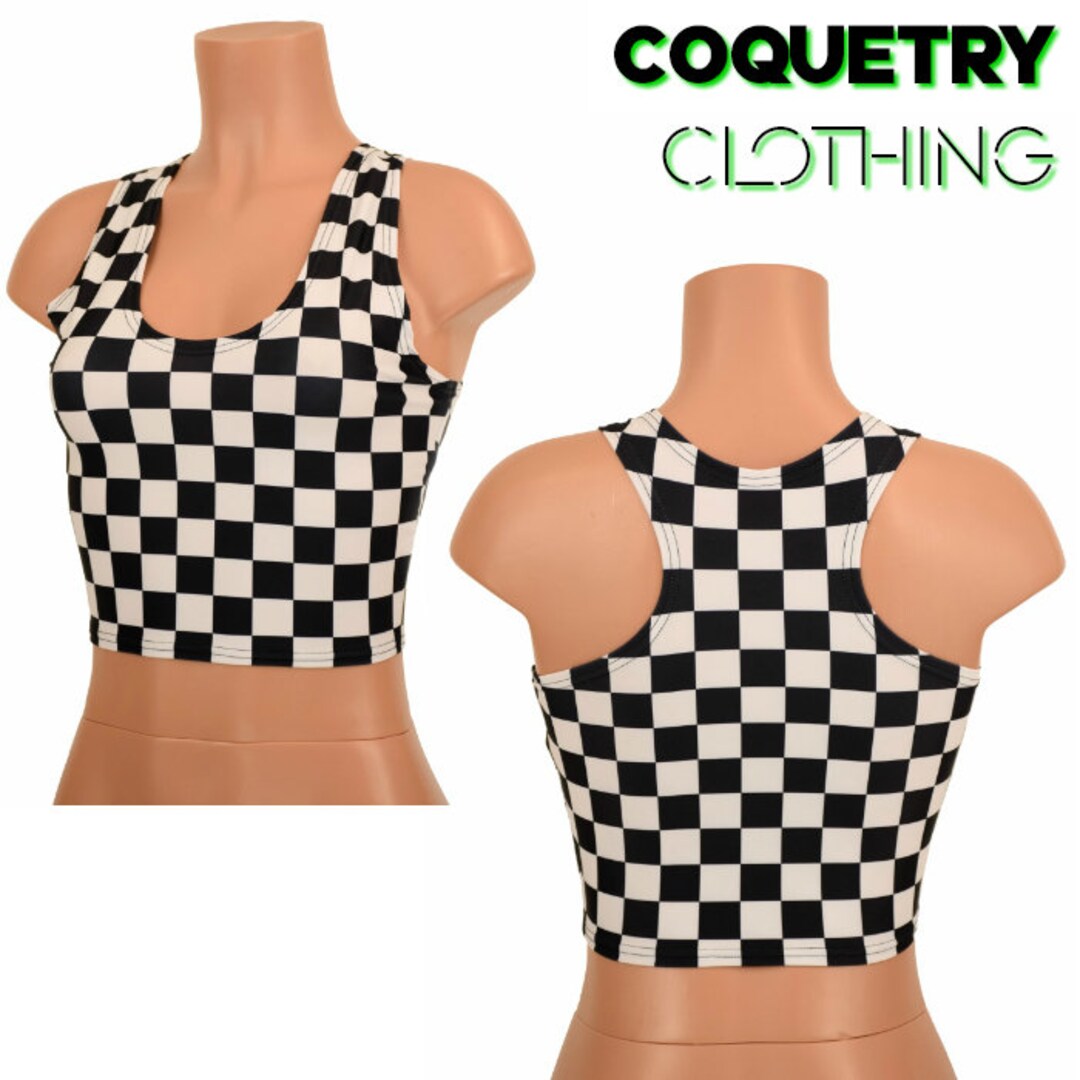 Black and White Checkered Print UV Glow Black Light Racerback Crop Top ...