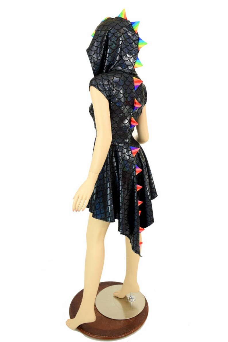 Black Dragon Scale Cap Sleeve Hoodie Skater Dress With Dragon Tail ...