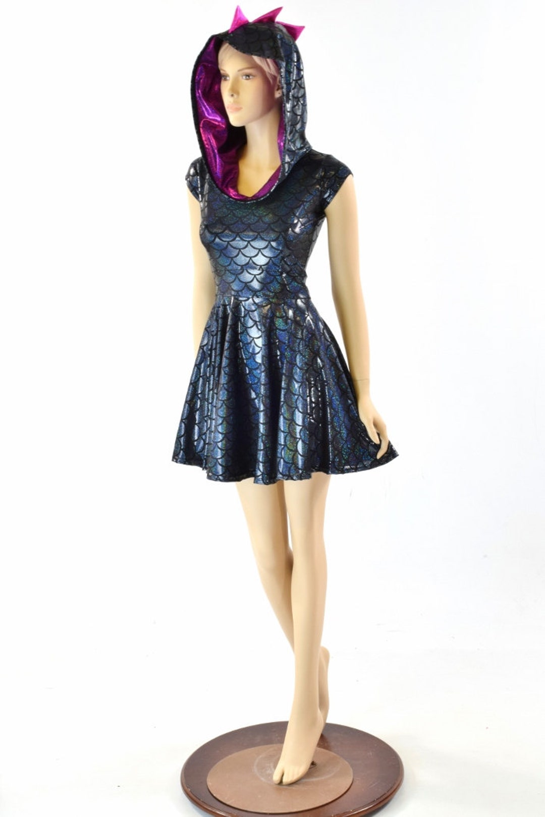 Black Dragon Scale Cap Sleeve Hoodie Skater Dress With Pink Holographic ...