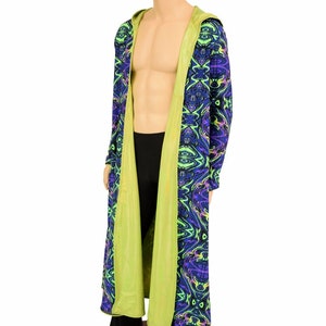 Reversible 4 Pocket Long Sleeve Hooded Duster Lime Holographic / UV ...