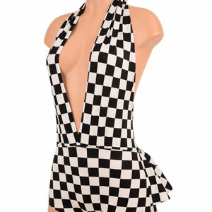 Black & White Checkered Print UV Glow "josie" Ruffle Rump Romper ...