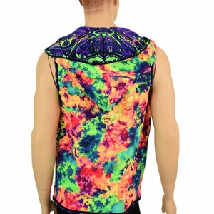 Mens UV GLOW Open Front Reversible Hooded Vest in Neon Melt/acid Splash ...
