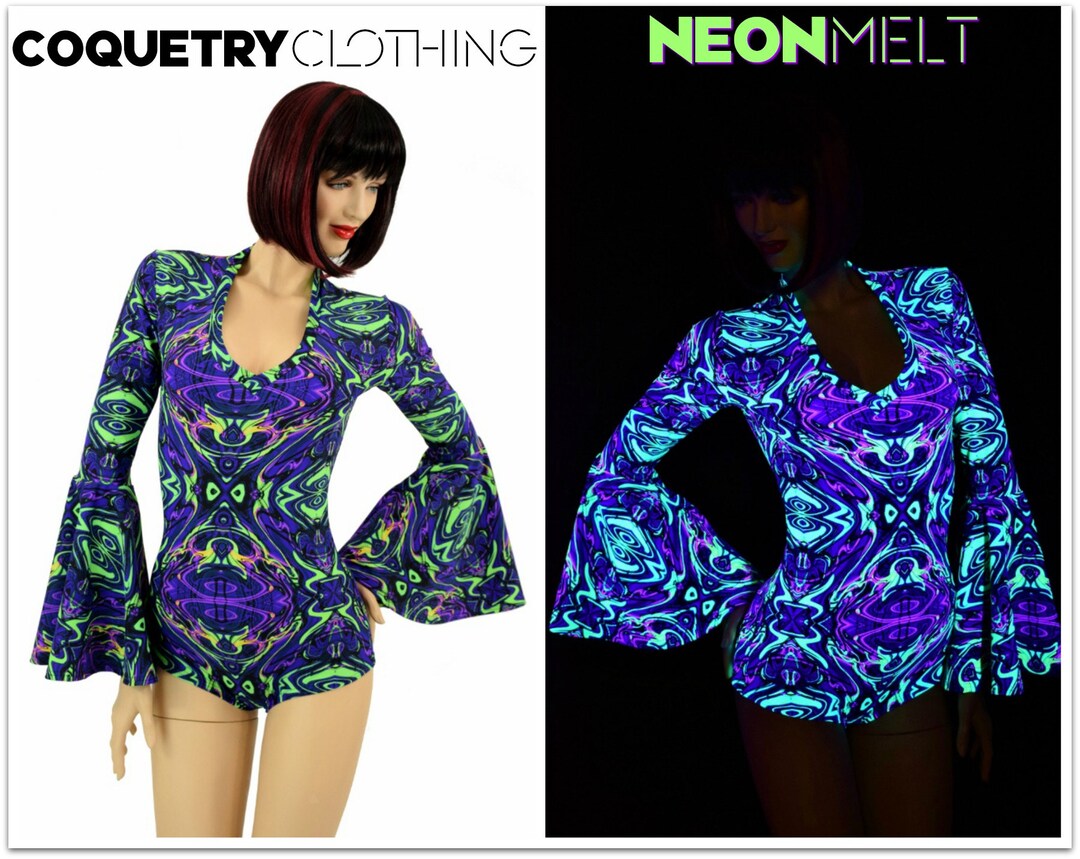 UV Glow Neon Melt Trumpet Sleeve Romper With V Neckline and Boy Cut Leg ...