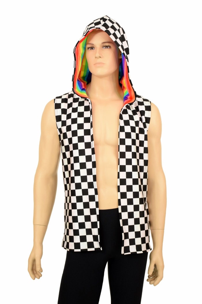 Mens Open Front Reversible Hooded Vest in UV Black & White Check Print ...