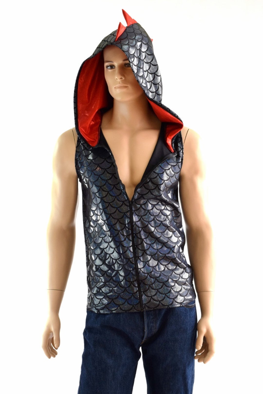 Mens Sleeveless Black Dragon Zipper Front Top With Red Sparkly - Etsy