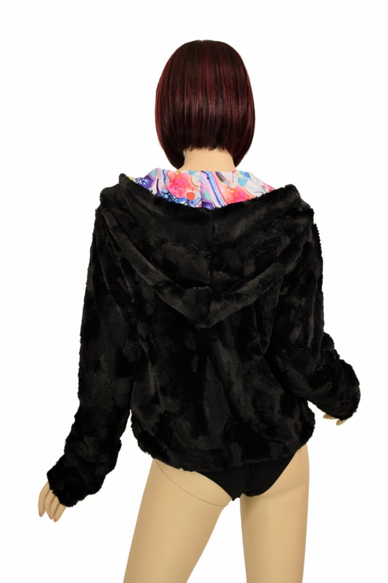 Zipper Front Black Minky Faux Fur Short Jacket With Dreamscape - Etsy