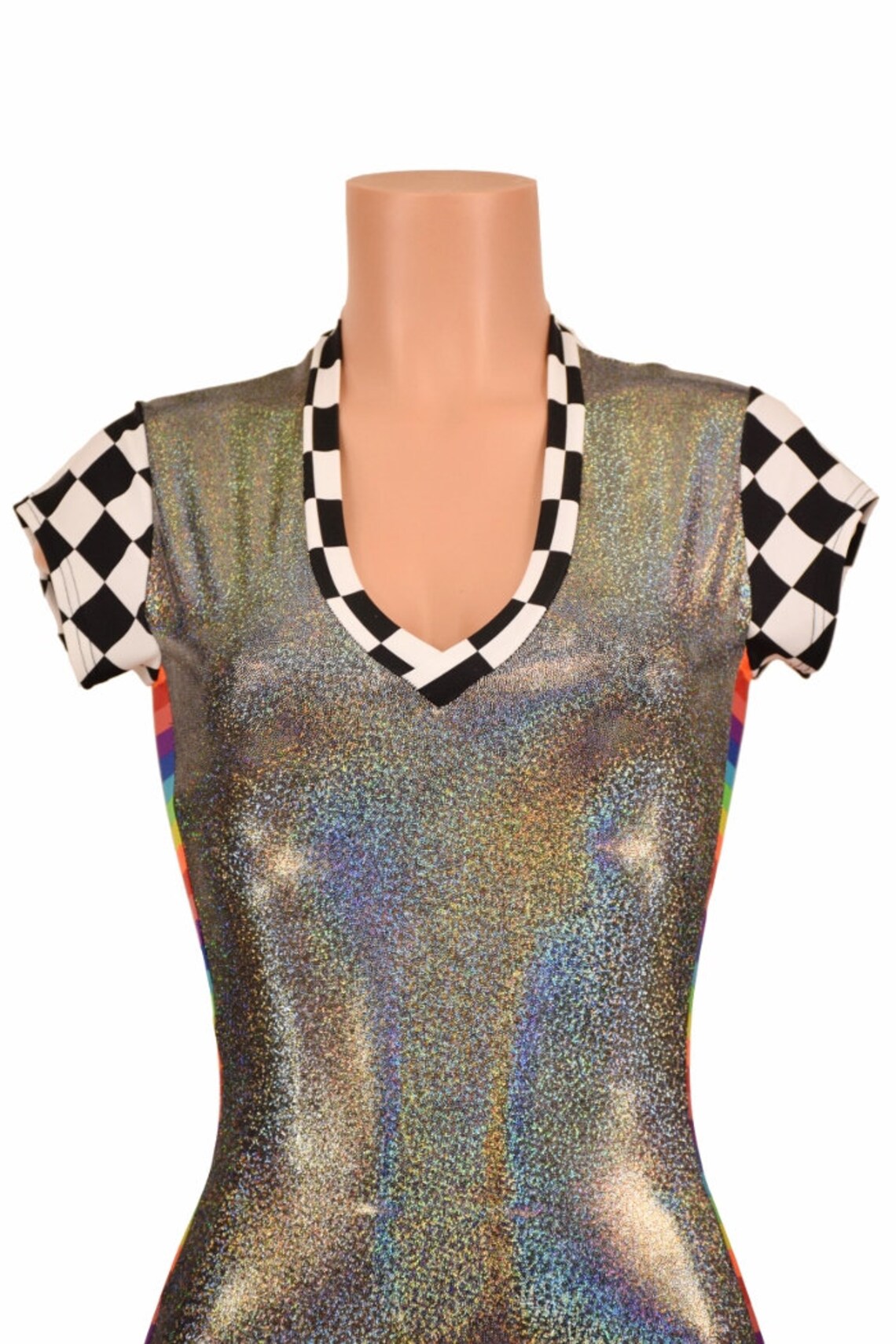 Silver Holographic Catsuit With Black & White Checkered Print - Etsy