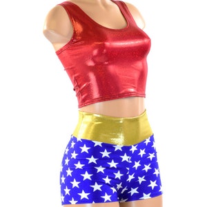 2PC Red Metallic Tank Top, Blue & White Star Print High Waist Booty ...