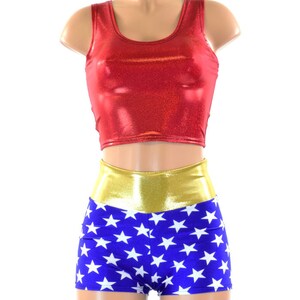 2PC Red Metallic Tank Top, Blue & White Star Print High Waist Booty ...