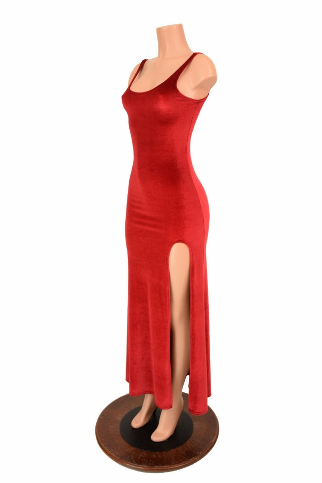 Red Velvet Slit Gown With Tank Style Neckline, Thin Spaghetti Straps ...