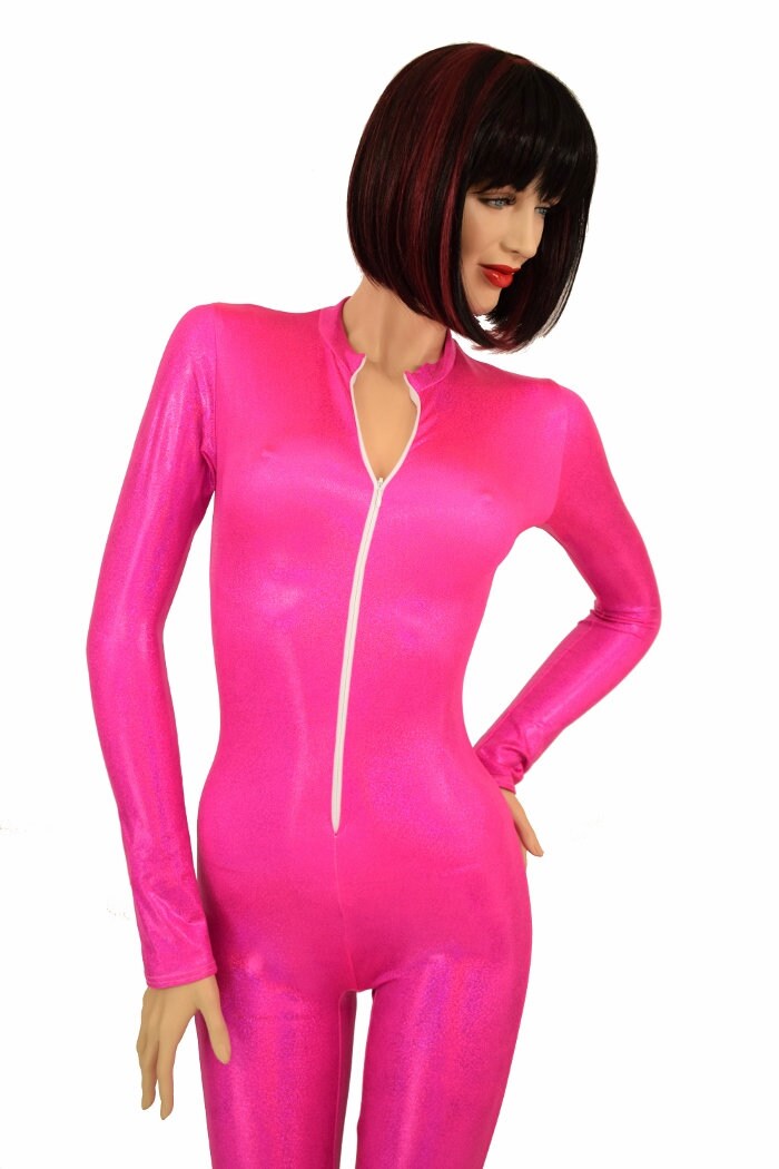 NEON UV Glow Pink Sparkly Jewel Catsuit With Long Sleeves and Stella ...