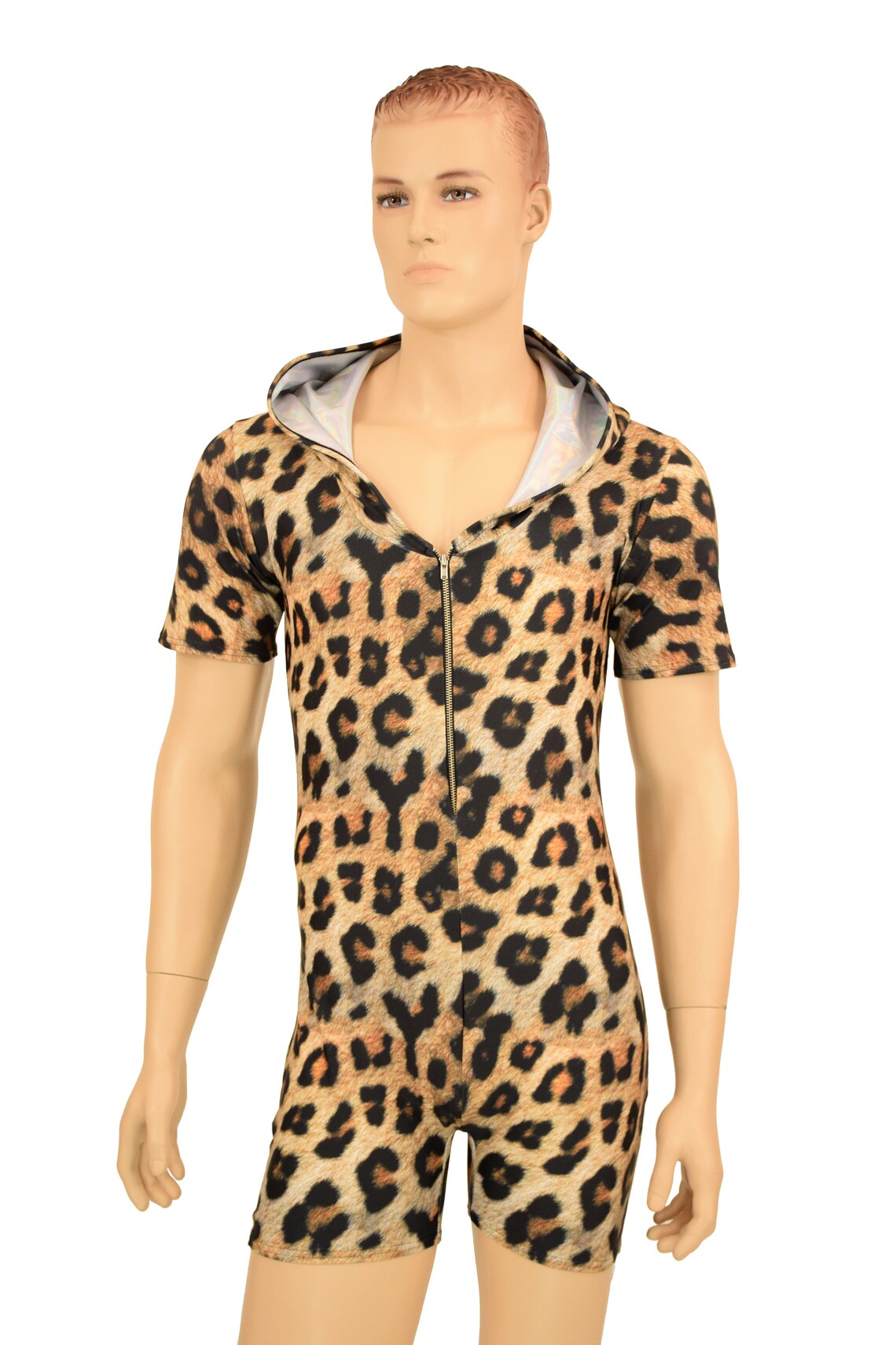 Mens Leopard Print Zipper Front Tee Length Sleeve Hoodie Romper W ...